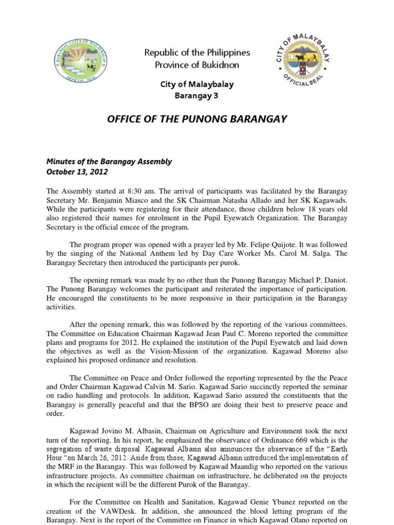 Bukidnon Barangay Assembly Minutes | PDF | Government