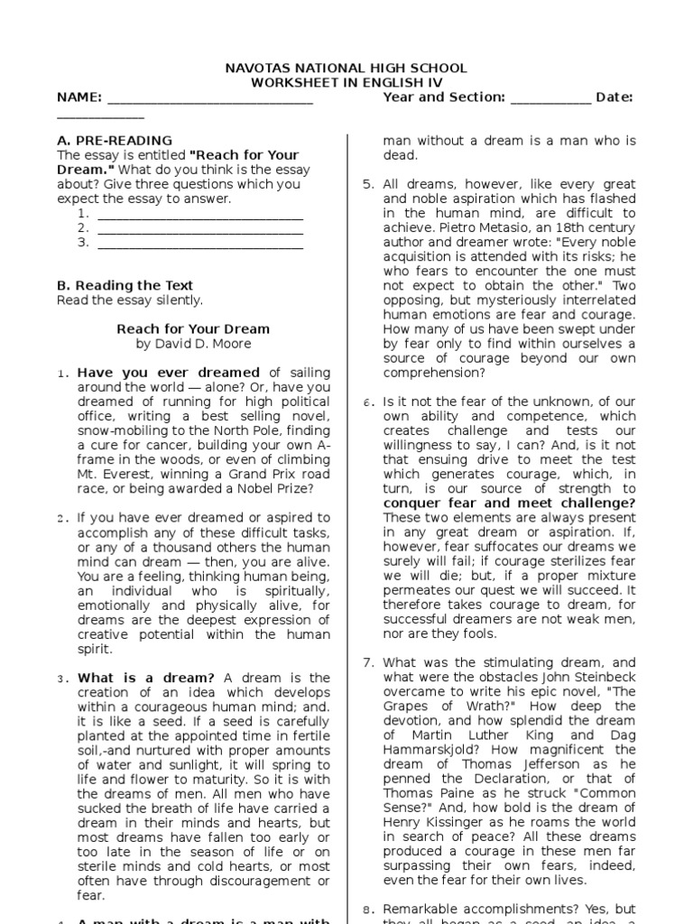 Reach for Your Dream Essay Guide | PDF | Dream | Essays