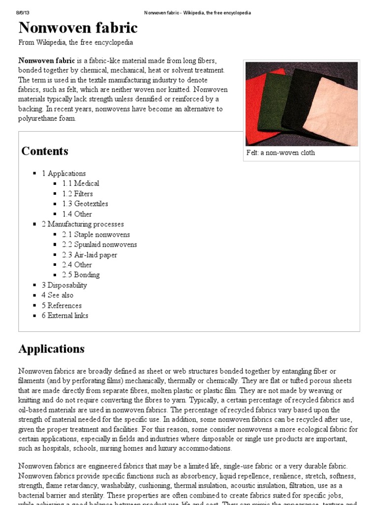 Nonwoven Fabric - Wikipedia, The Free Encyclopedia | PDF | Nonwoven ...
