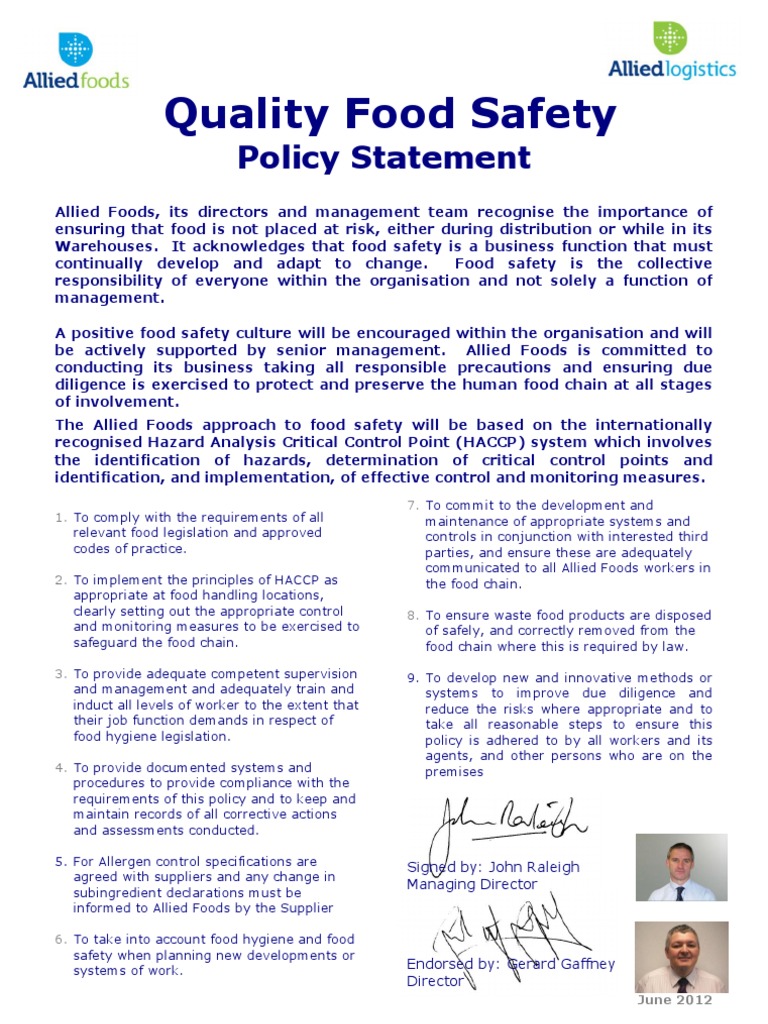 Food Safety Statement June 2012 | PDF | Food Safety | Safety
