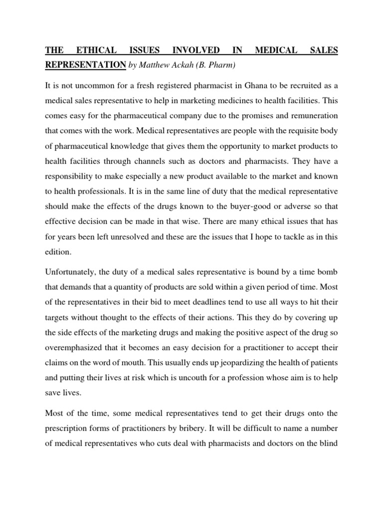 The Ethical Issues Involved in Medical Sales Representation | PDF ...