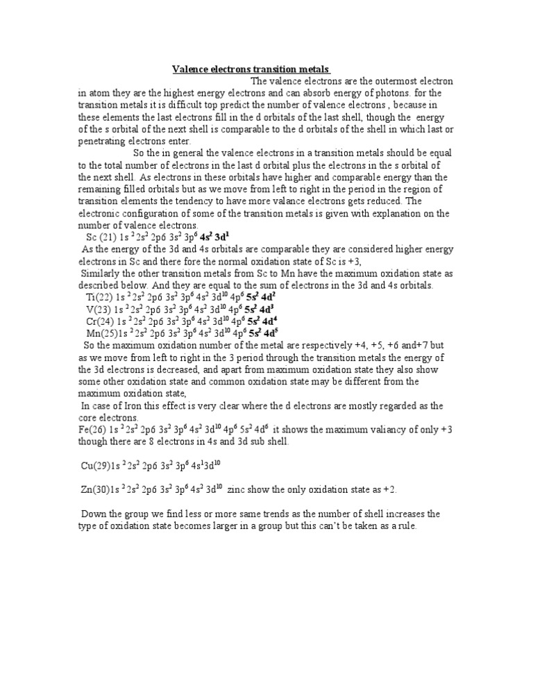 Valence Electrons Transition Metals | PDF | Transition Metals | Electron