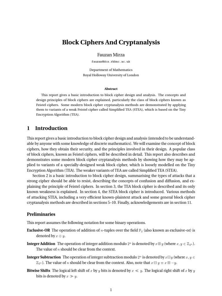 Cryptography - Block Ciphers and Cryptanalysis | PDF | Cipher | Key ...