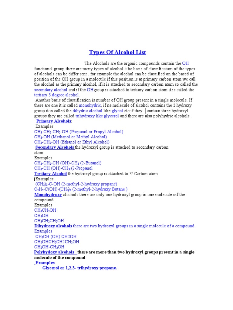 Types of Alcohol List: Primary Alcohols | PDF