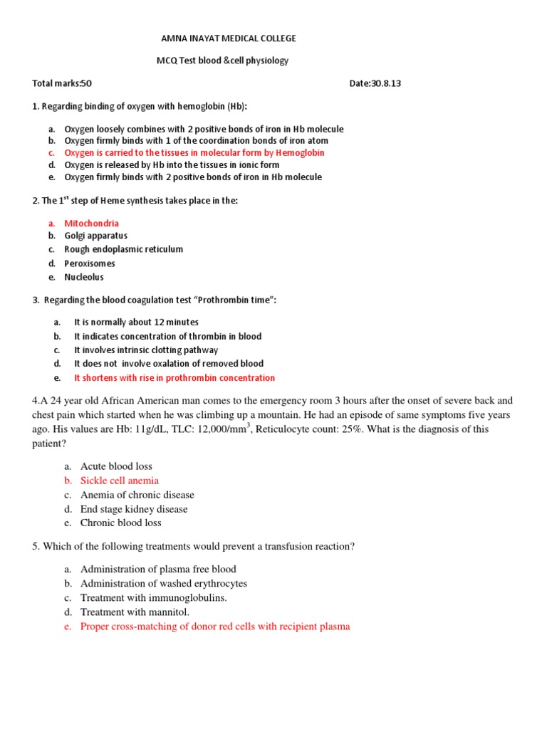 Blood and Cell Physiology MCQs With Key | PDF | Anemia | Red Blood Cell
