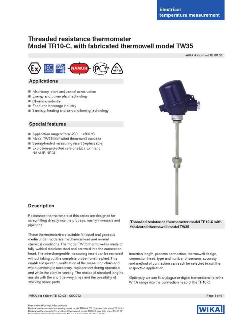 WIKA DS TE 60.03 Resistance Thermometer Model TR10-C With Fabricated Thermowell | Screw ...