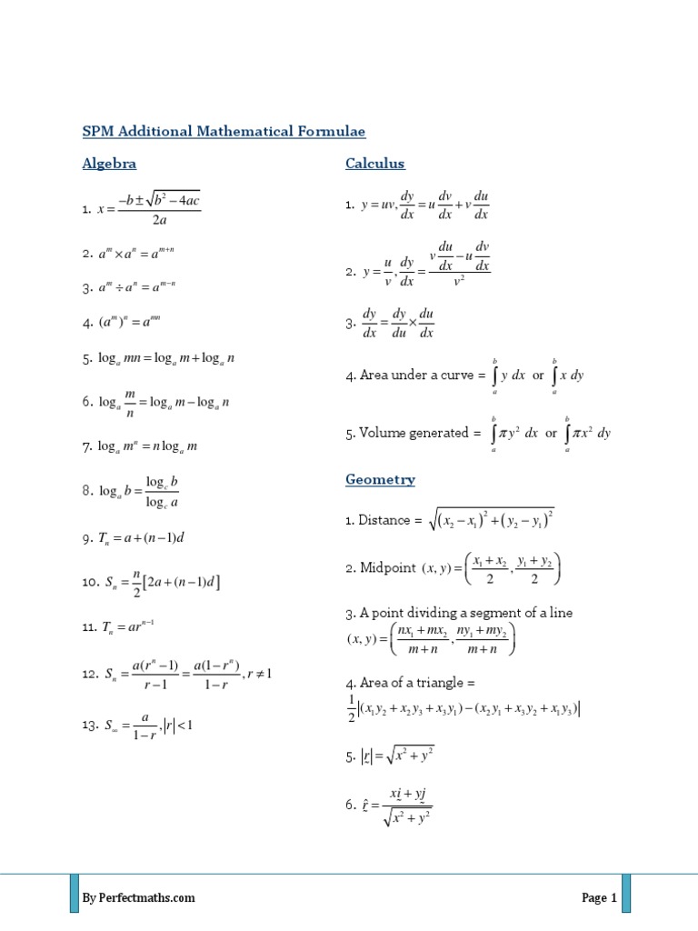 SPM Additional Mathematical Formulae PDF | PDF