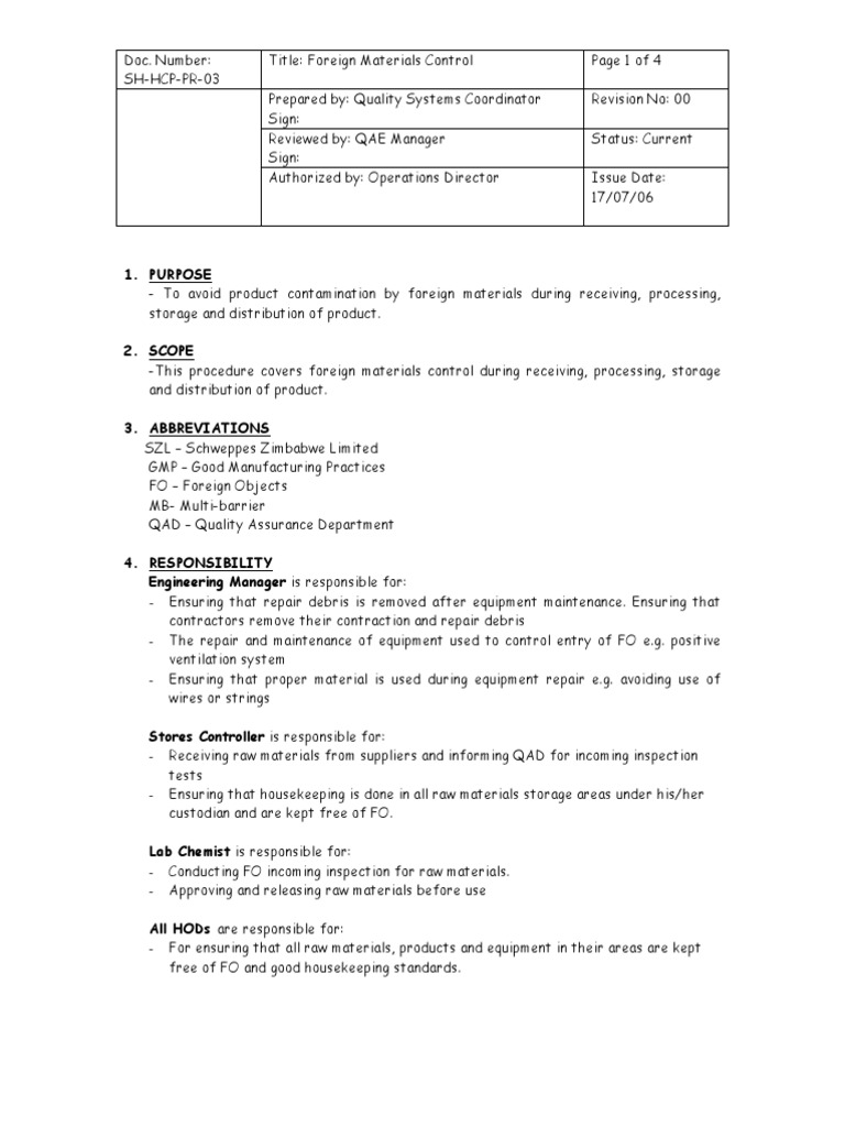 Foreign Materials Control PRP | PDF | Quality Assurance | Water ...