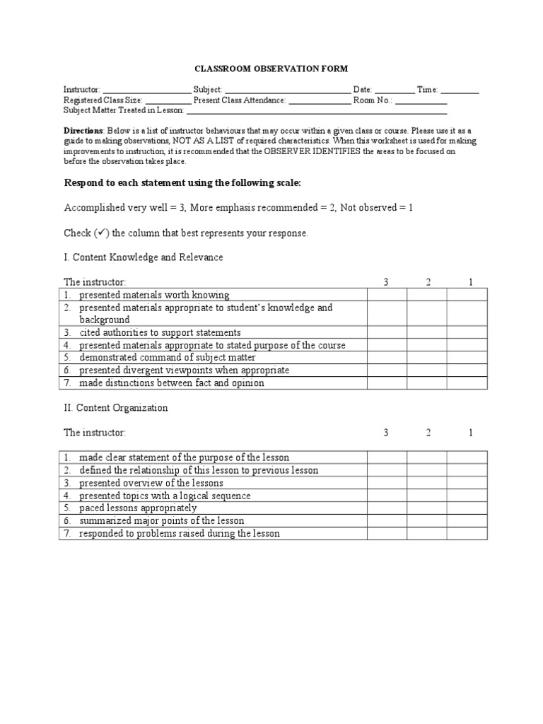 Classroom Observation Form | Teachers | Applied Psychology