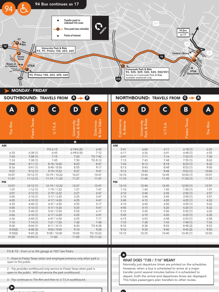 VIA Metropolitan Transit Schedule 94 UTSA/Fiesta Texas/The Rim | PDF ...
