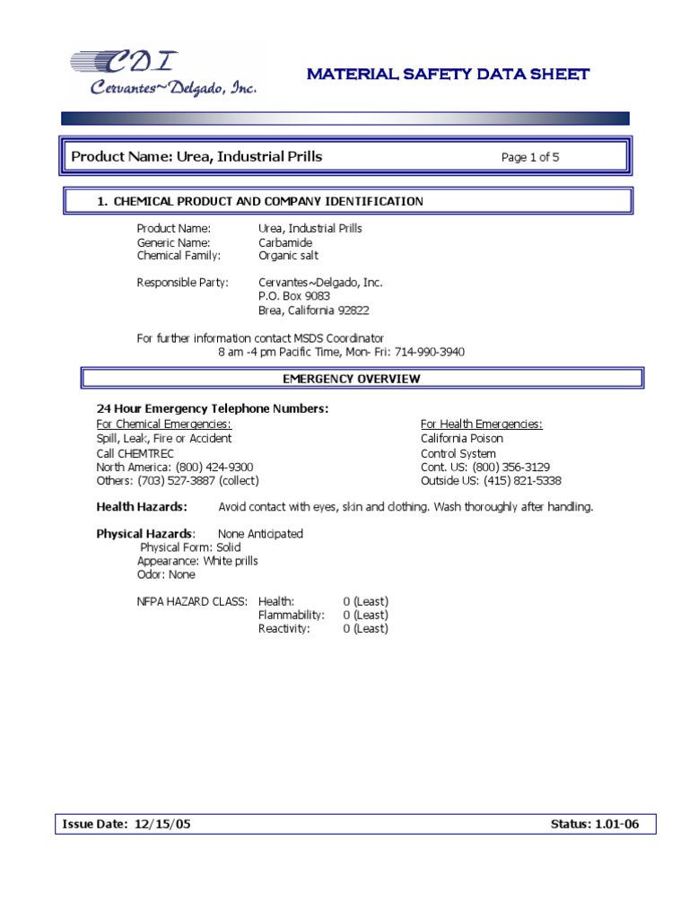 MSDS Prilled Urea | PDF | Personal Protective Equipment | Hazardous Waste