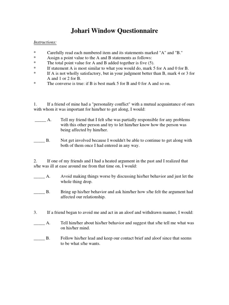 Johari Window Self-Assessment Tool | PDF