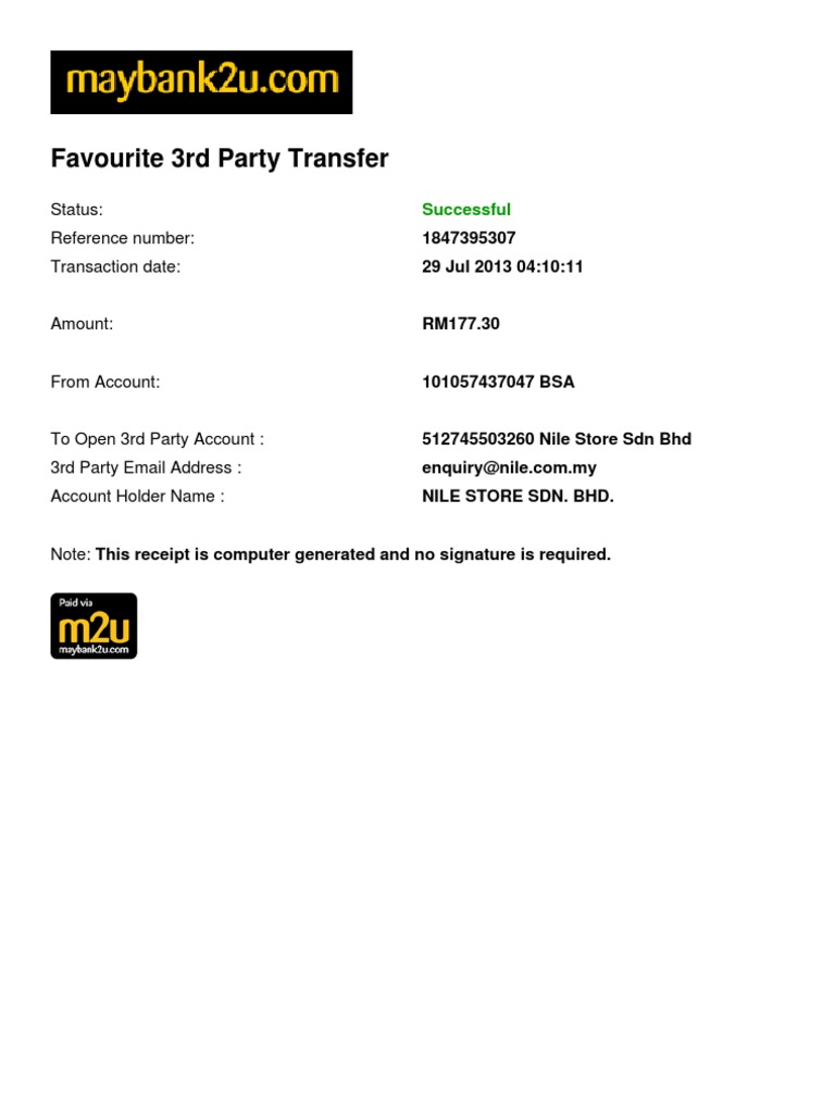 Successful 3rd Party Transfer Receipt | PDF | Finance & Money ...