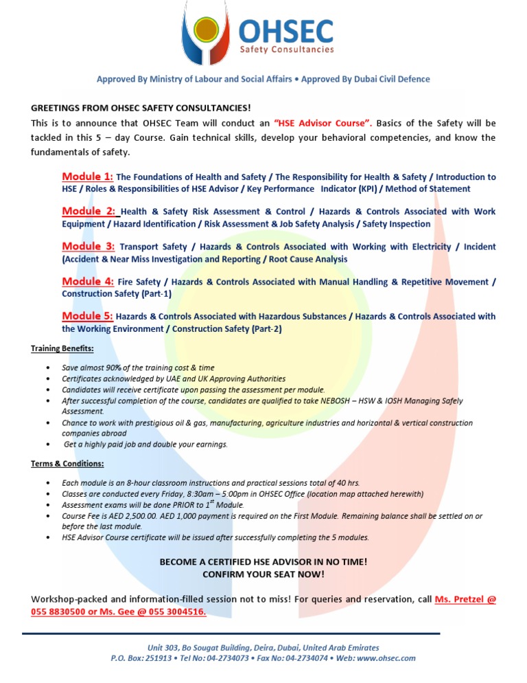 HSE Advisor Course Yjinvitation | PDF | Safety | Hazards