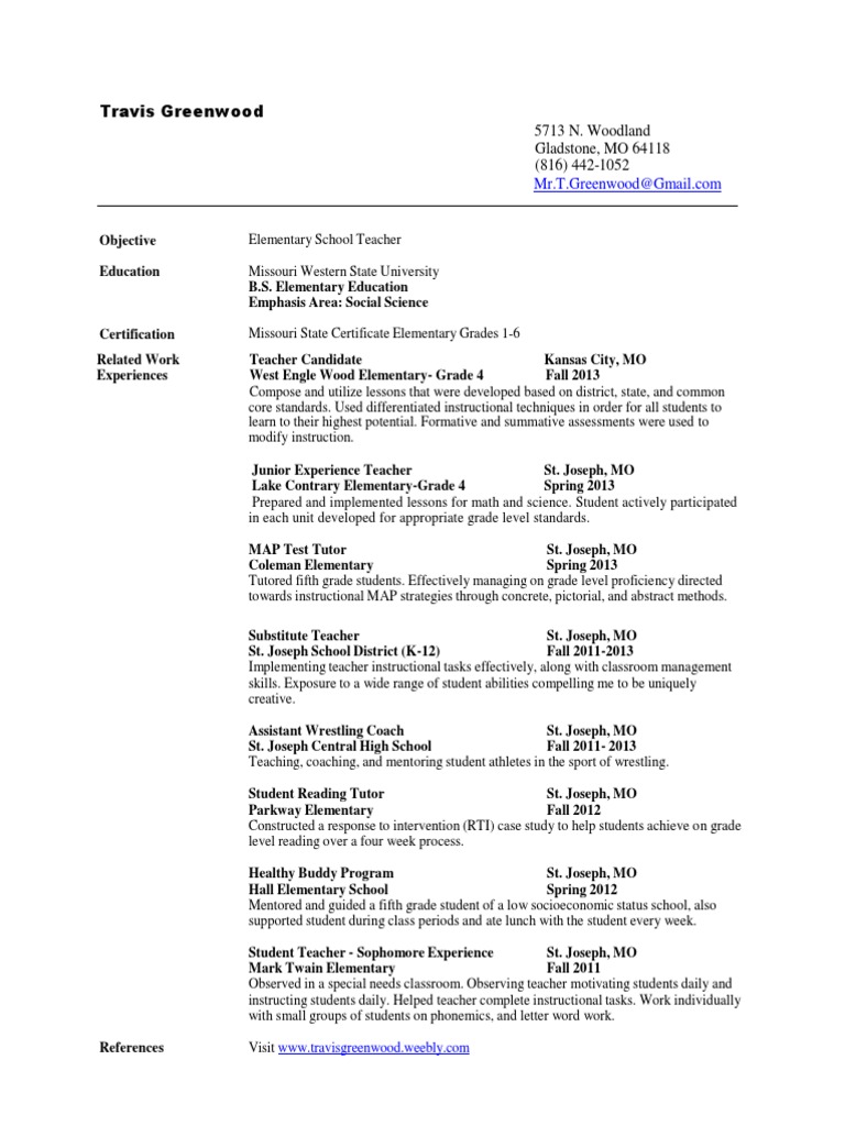 Travis Greenwood: Elementary Teacher Resume | PDF | Wellness