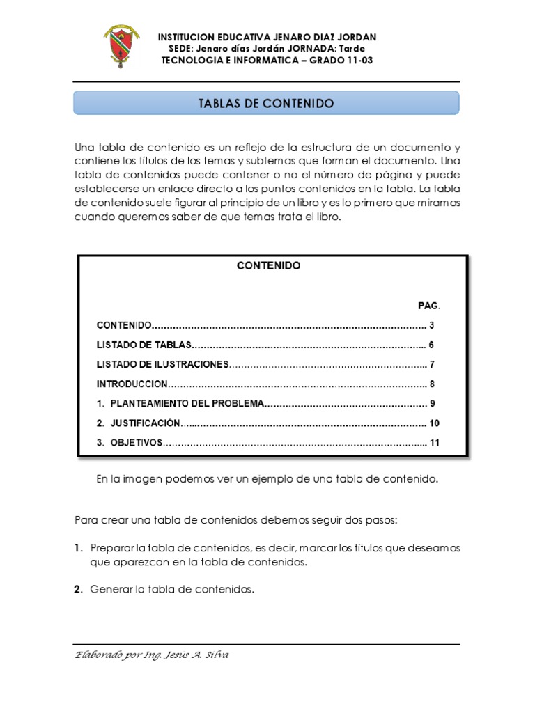 Hojas De Trabajo Con Tabla De Contenidos