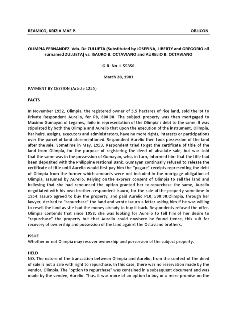 OBLICON CASE ART. 1255 Vda de Zulueta vs. Octaviano | PDF | Mortgage ...