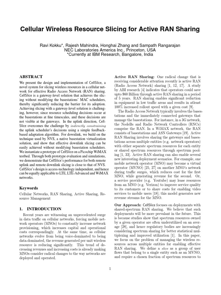 Cellular Wireless Resource Slicing For Active RAN Sharing | PDF | Scheduling (Computing) | Wi Max