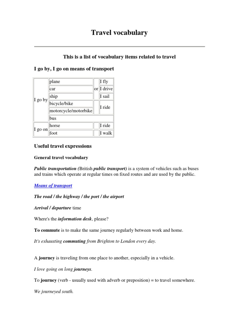 Travel vocabulary: This is a list of vocabulary items related to travel ...