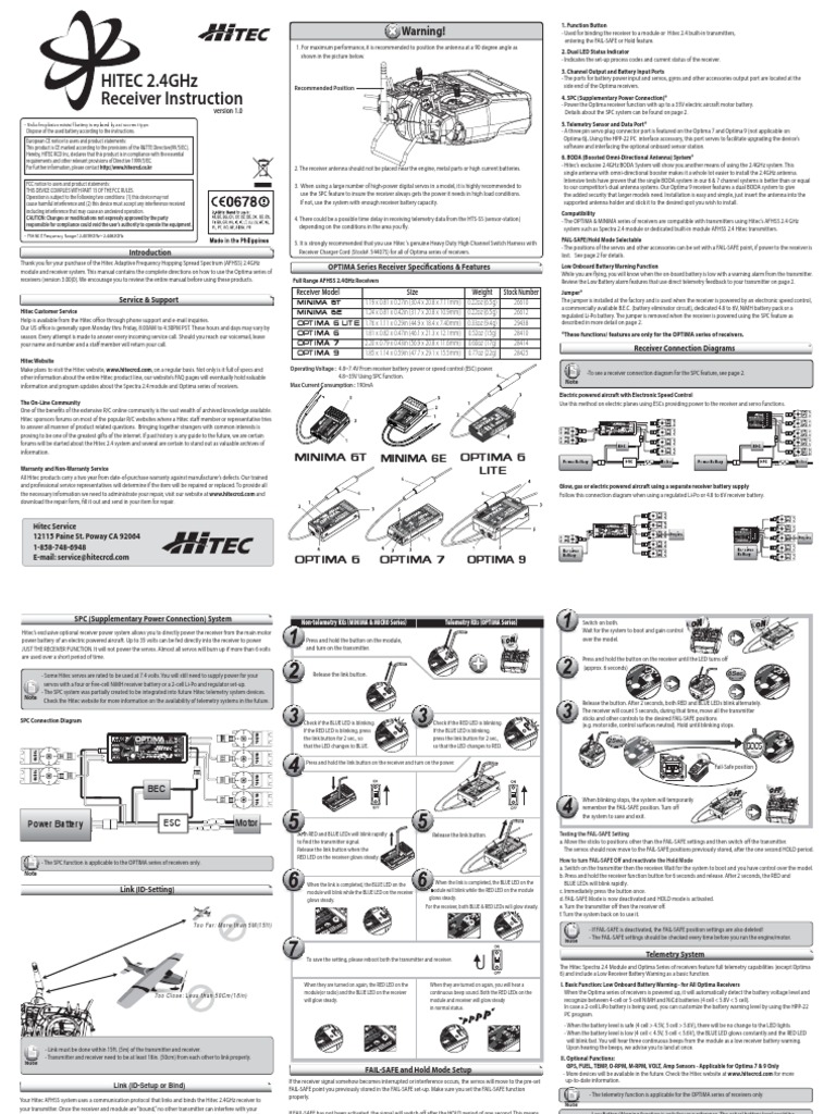 Hitec 2.4Ghz Receiver Instruction: Warning! | PDF | Electrical ...