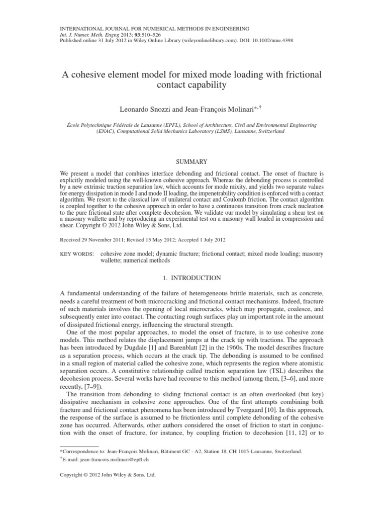 A Cohesive Element Model For Mixed Mode Loading With Frictional Contact ...