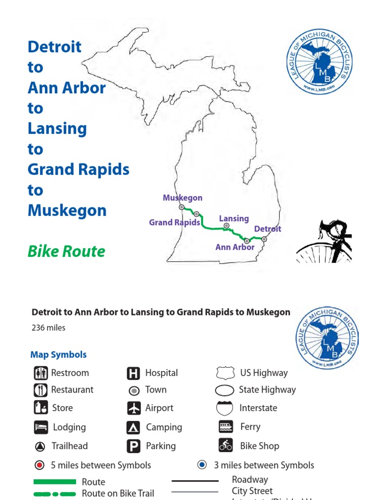 Detroit To Ann Arbor To Lansing To Grand Rapids To Muskegon: Bike Route ...
