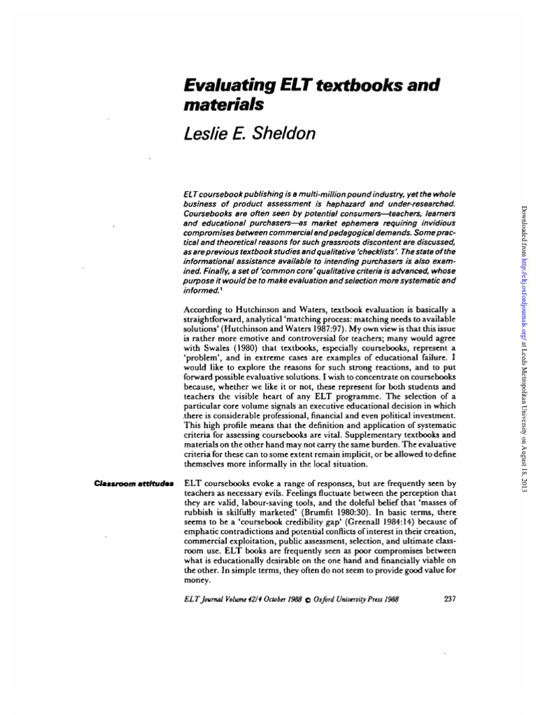 Evaluating ELT Textbooks and Materials: Leslie Sheldon | Download Free ...