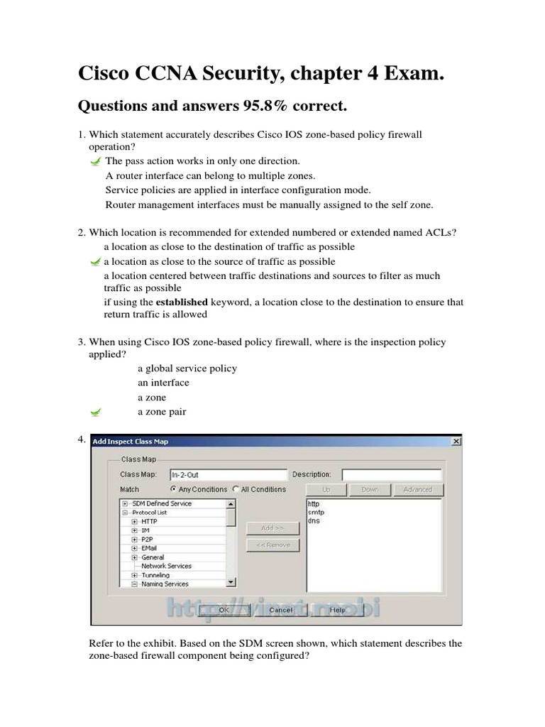 Cisco CCNA Security Chapter 4 Exam | PDF | Firewall (Computing) | Internet Protocol Suite