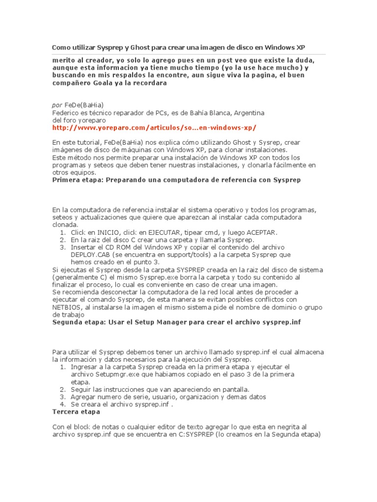 Como Utilizar Sysprep y Ghost | PDF | Windows XP | Archivo de computadora