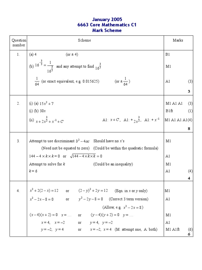 C1 Maths Mark Scheme January 2005 | PDF
