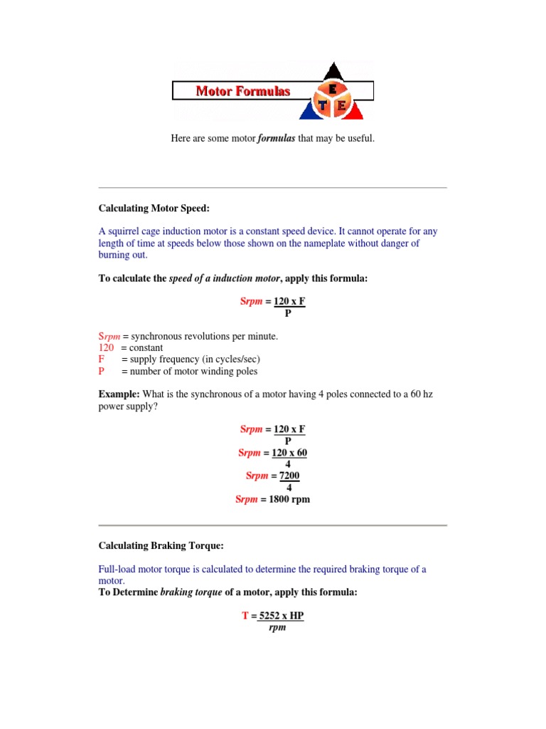 Motor Formula | PDF | Torque | Horsepower