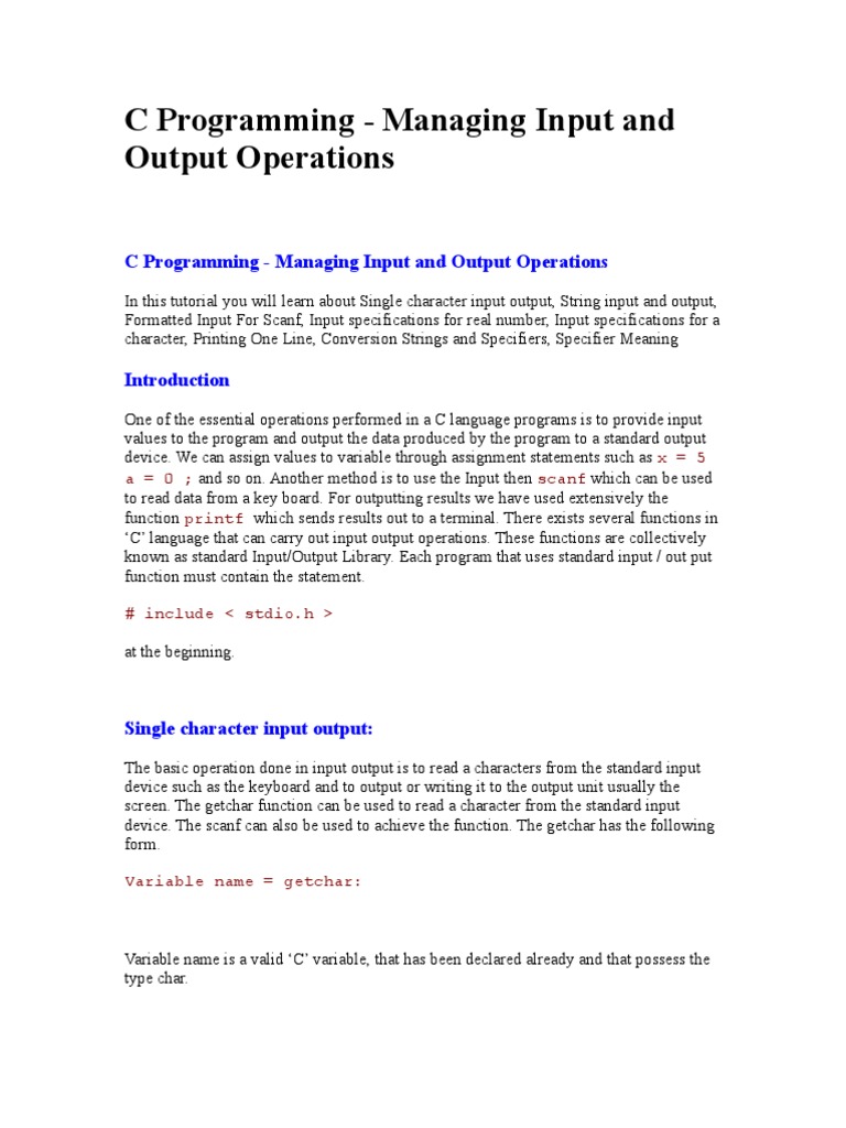 C Programming - Managing Input and Output Operations | Download Free PDF | C (Programming ...