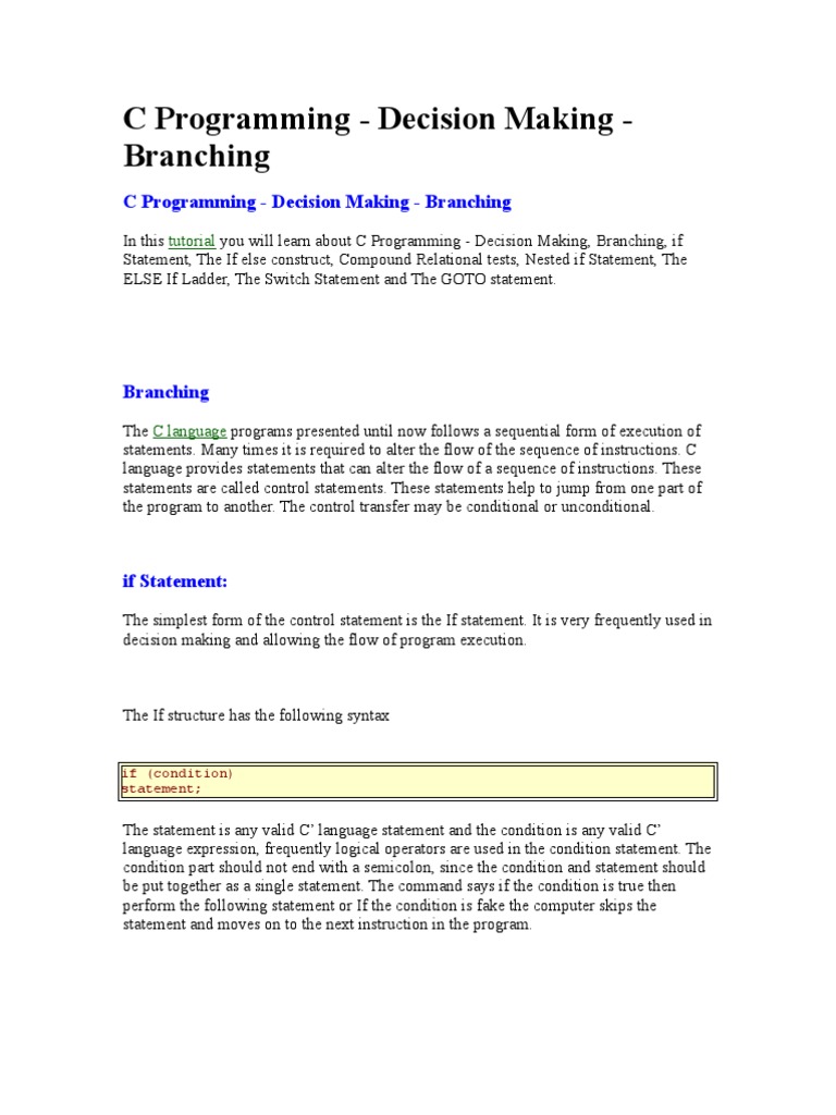 C Programming Decision Making Branching Pdf Control Flow C