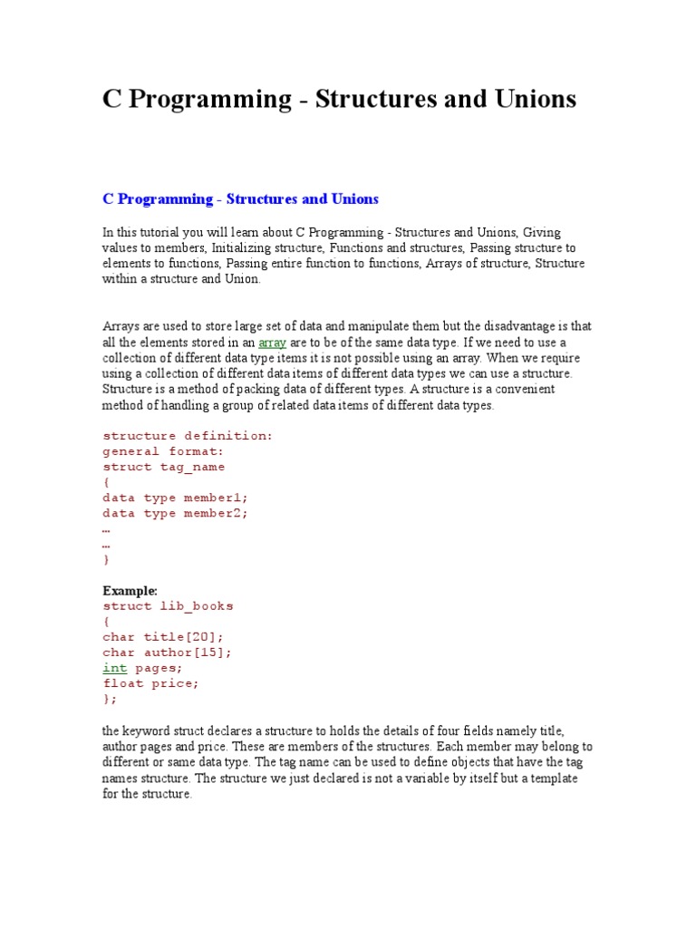 10. C Programming - Structures and Unions | C (Programming Language ...