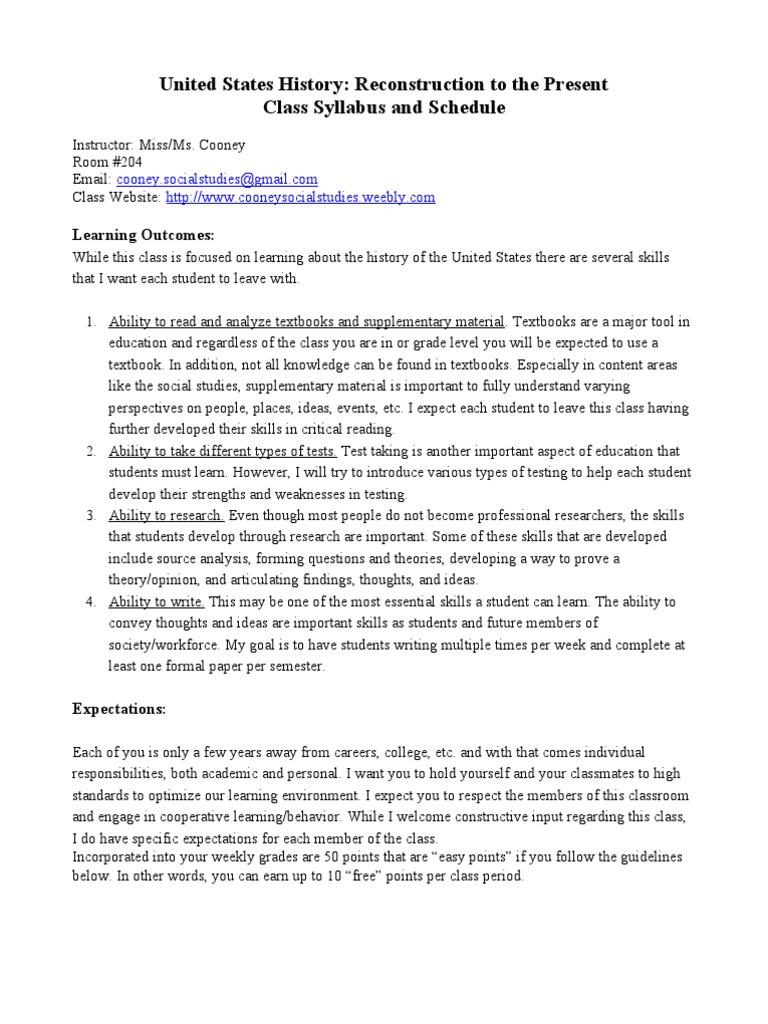 US History Class Syllabus and Expectations | PDF | Homework ...