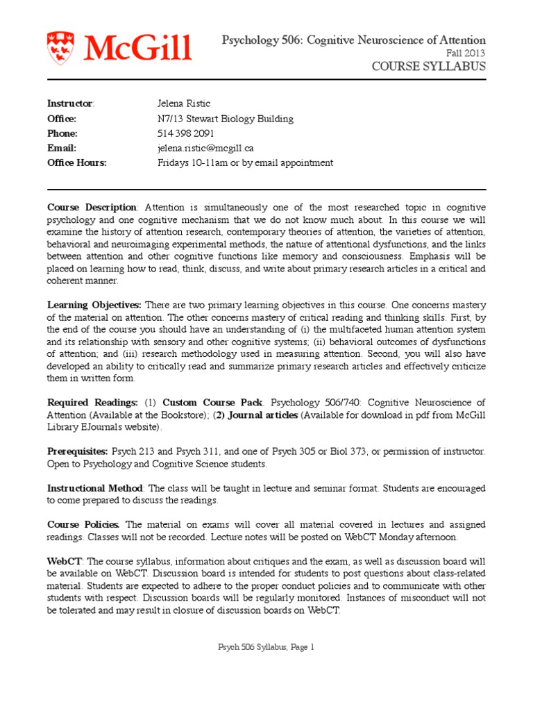 Fall 2013 - Psyc506 Cognitive Neuroscience of Attention Syllabus | PDF ...