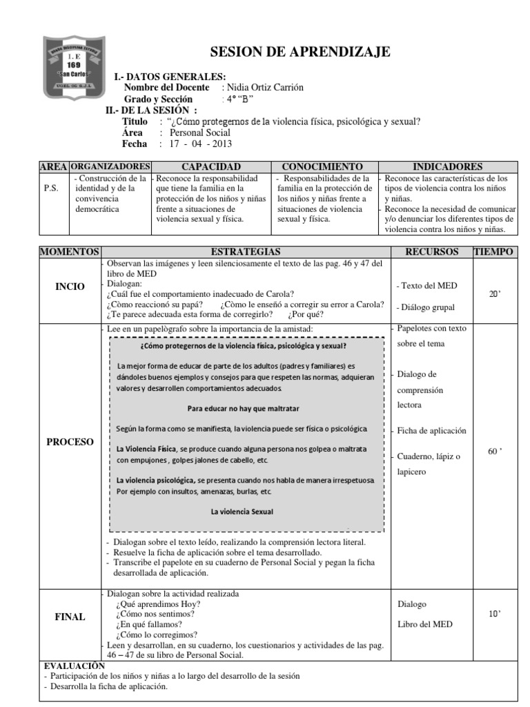 Sesion De Aprendizaje Nos Protegemos De La Violencia Pdf Abuso