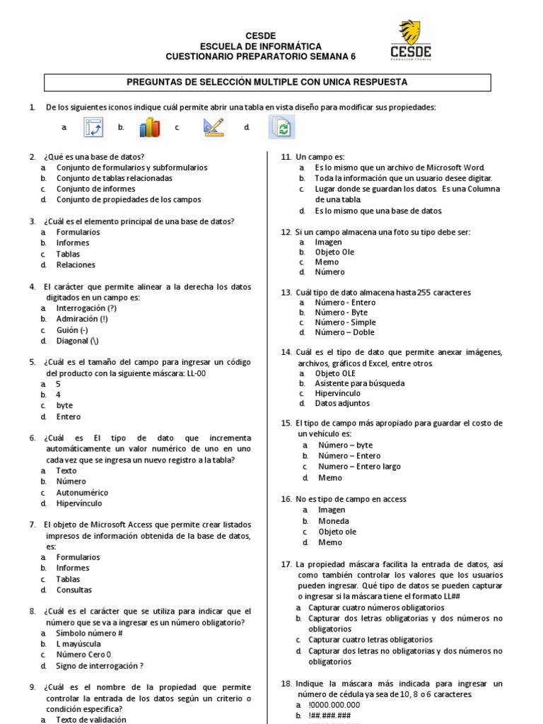Cuestionario Access Semana 6 | PDF | Tabla (base de datos) | Tipo de datos