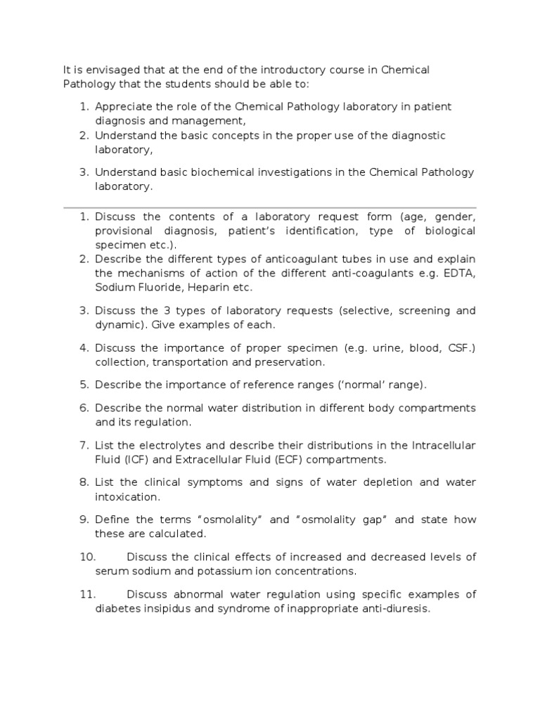 Chemical Pathology Specific Objectives | PDF | Pathology | Sodium