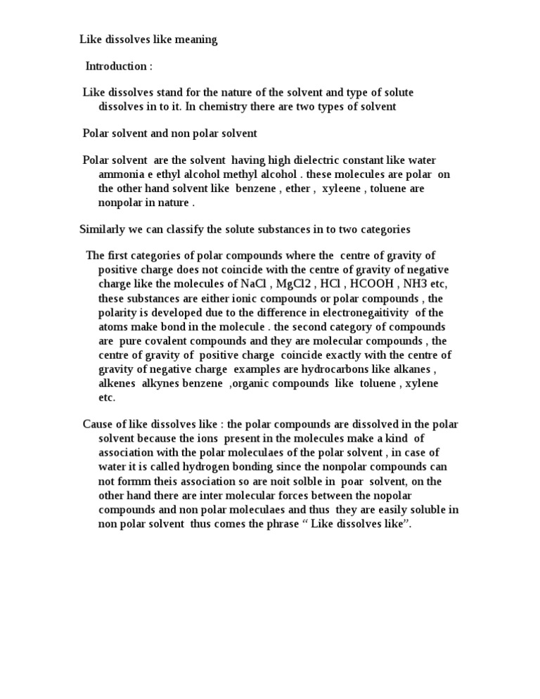 Like Dissolves Like Meaning | PDF | Chemical Polarity | Solvent