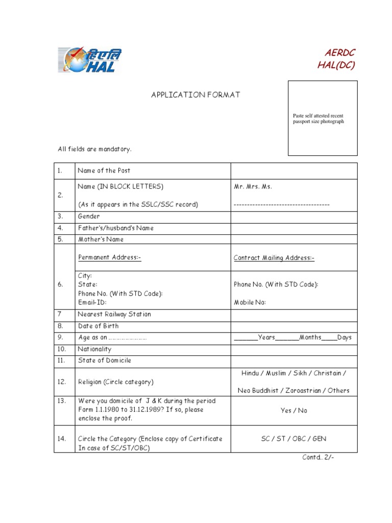 Aerdc Hal (DC) : Application Format | PDF | Qualifications | Academia