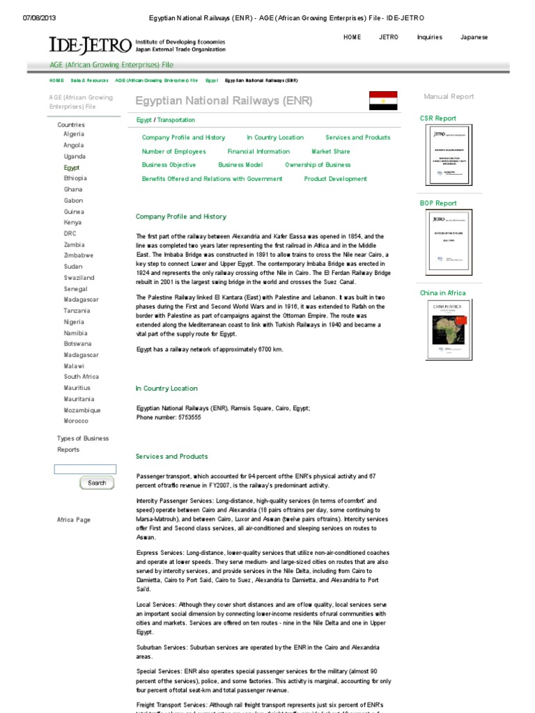 Egyptian National Railways (ENR) - AGE (African Growing Enterprises) File - IDE-JETRO | PDF ...