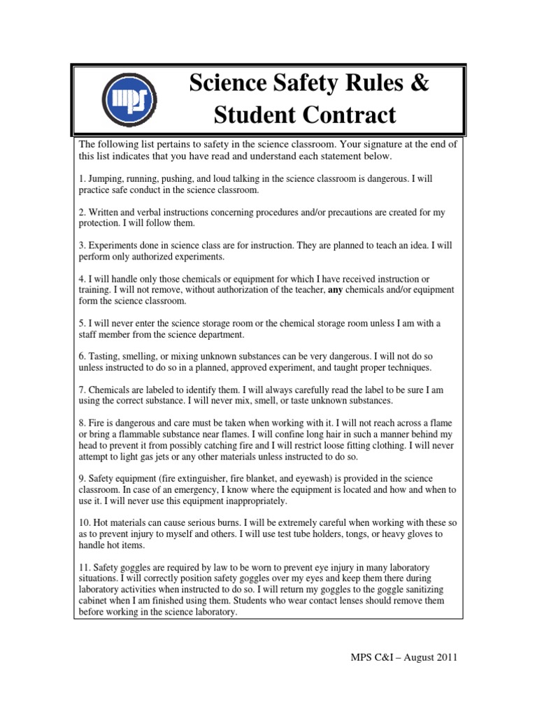 Mps Science Safety Rules and Contract | PDF | Laboratories | Classroom