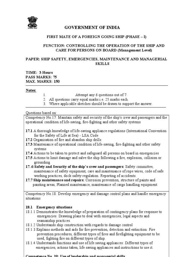 Chief Mate Phase 1 Exam Paper Format - Ship Safety, Emergencies ...