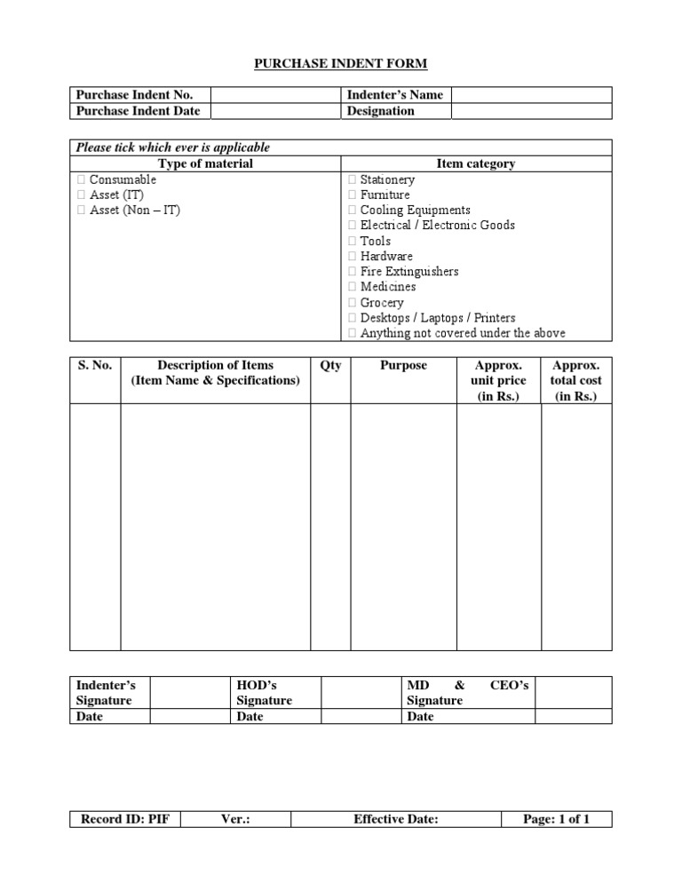 Purchase Indent Form