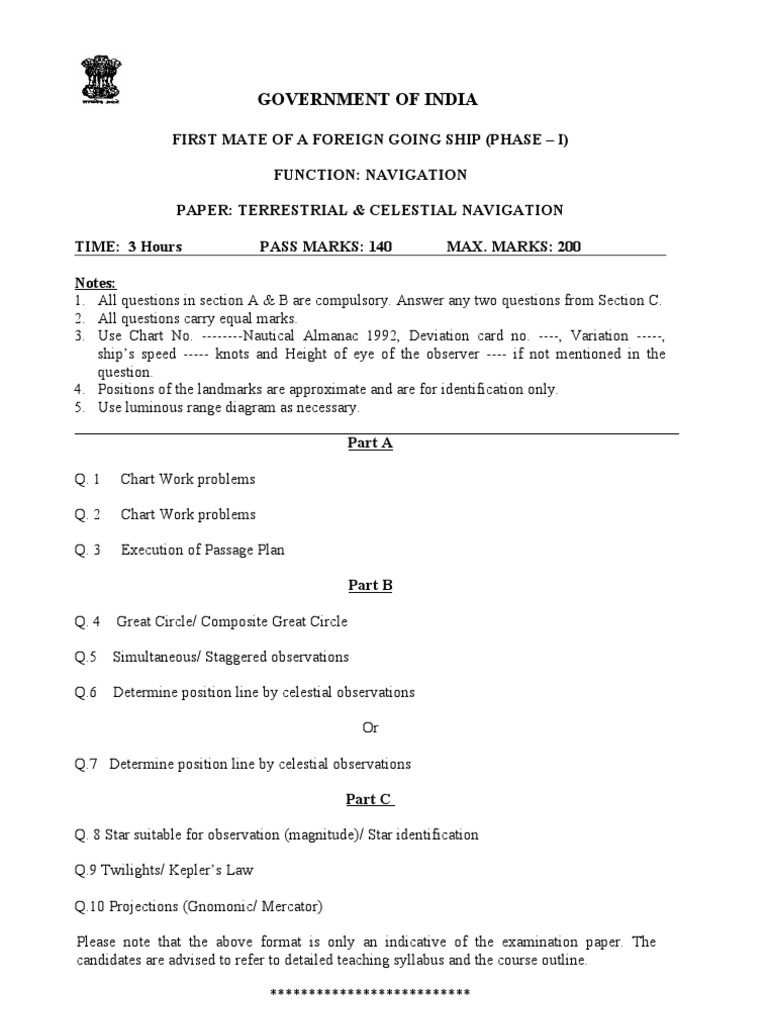 Chief Mate Phase 1 Exam Paper Format - Terrestrial and Celestial ...