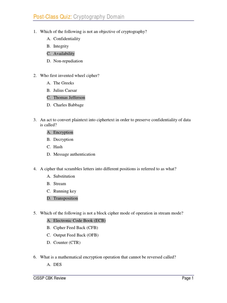5 Post Class Quiz Answers | PDF | Cryptography | Key (Cryptography)