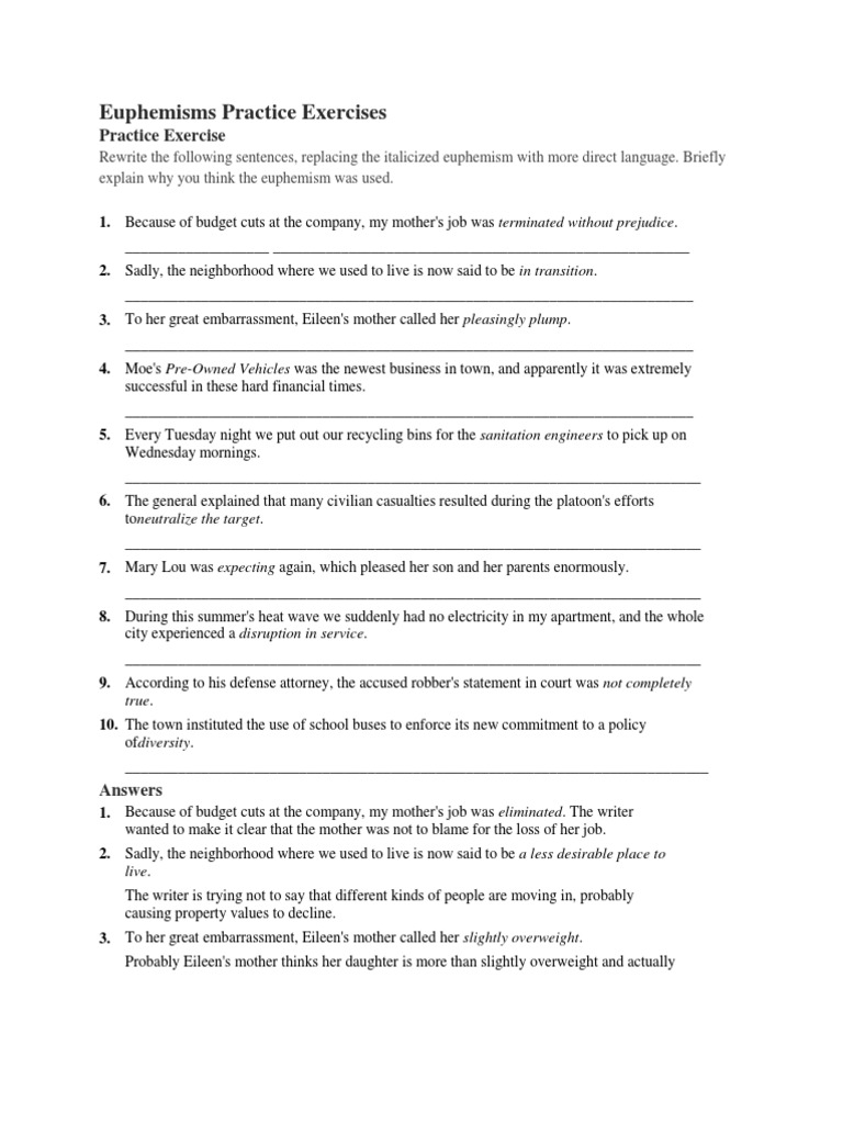 Euphemisms Practice Exercises | PDF