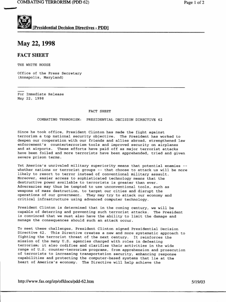T4 B11 USG PDD 62 FDR - Entire Contents - 5-22-98 Presidential Decision Directive 62 - 1st PG ...