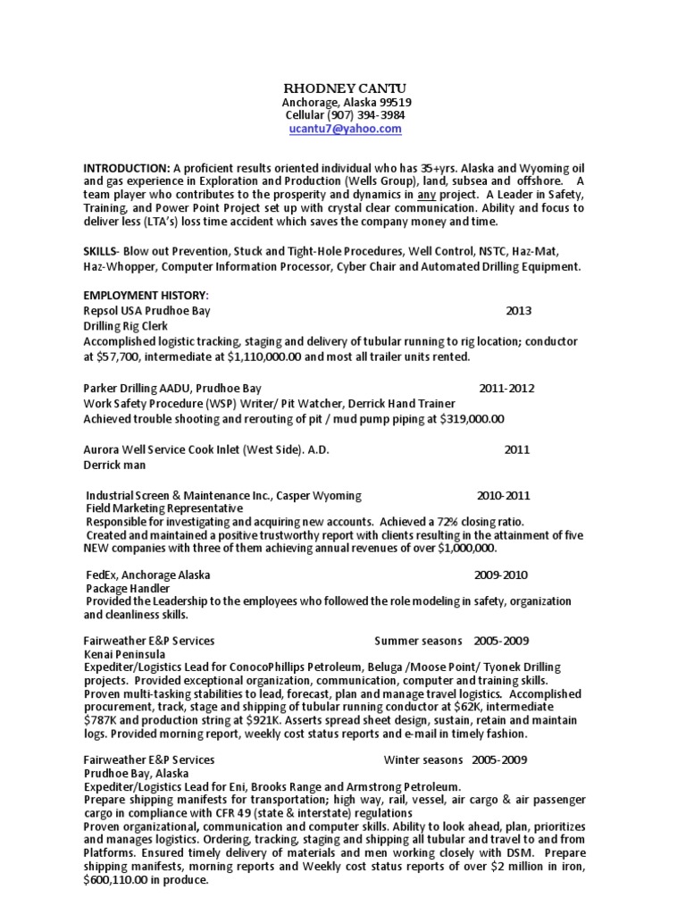 Logistics Analyst Team Leader in Anchorage Alaska Resume Rhodney Cantu | PDF | Drilling Rig | Alaska